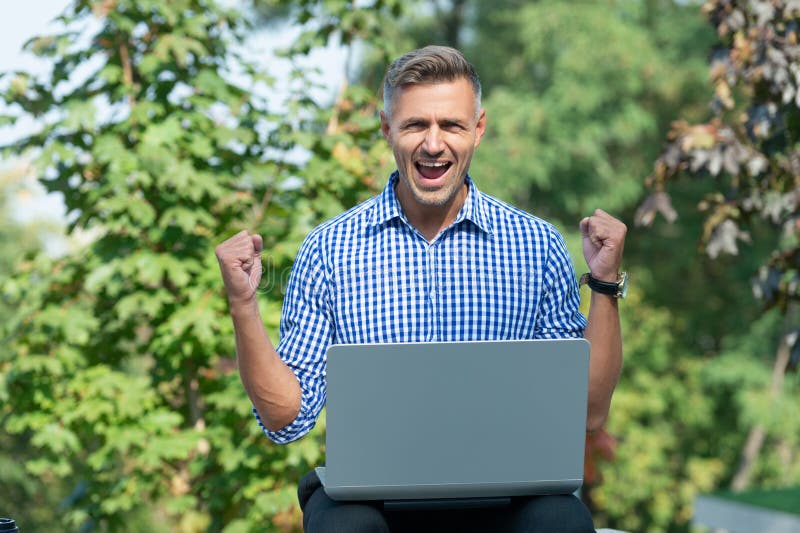 Shouting Freelancer Working on Laptop. Man Freelancer Outdoor Stock ...