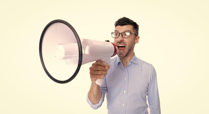 Photo of Amazed Man Announcing with Megaphone. Man Announcing with ...