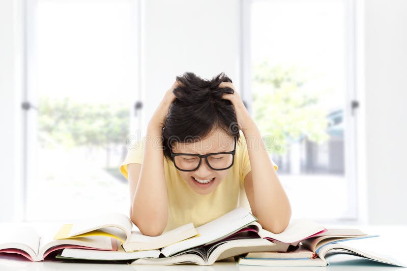 Shouting and Tired Asian Student Girl at Home Stock Image - Image of ...