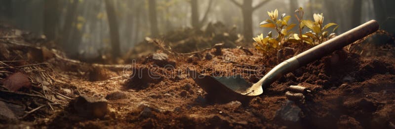A Shovel Digging the Ground in Woodlands Concept of Nature on the ...