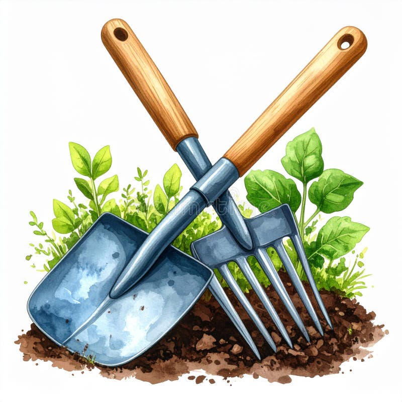 Shovel and Fork Resting on Soil with Green Plants Garden Tools ...