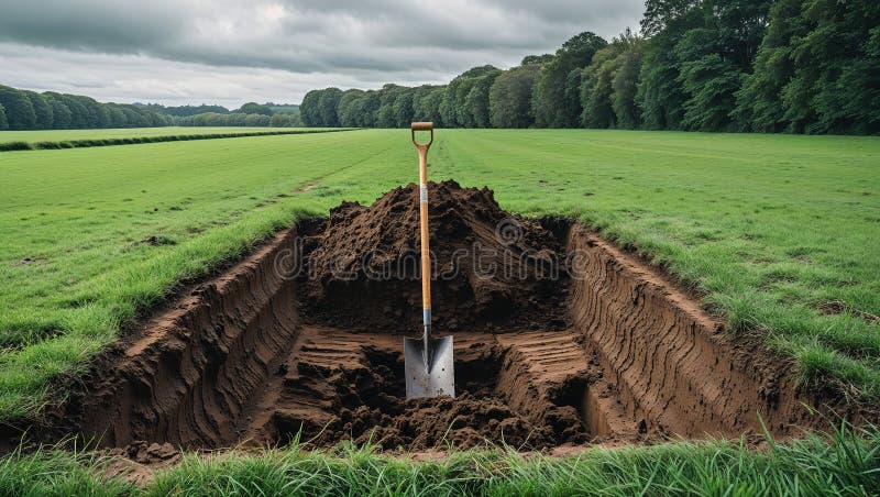 Shovel Leaning on Dirt Mound in Rectangular Hole Dug in Field Stock ...