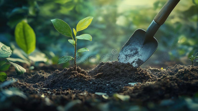 Shovel Planting a Young Tree in Soil Stock Illustration - Illustration ...