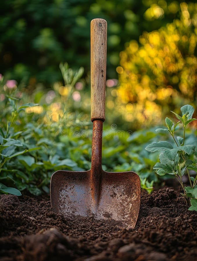 Shovel Standing Upright in Garden Soil Surrounded by Plants. Stock ...