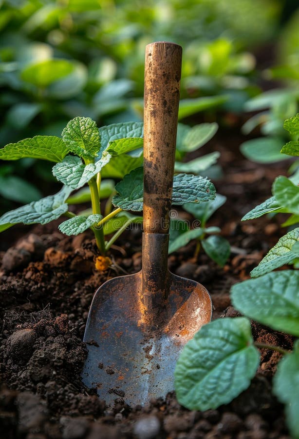 Shovel Stuck in the Ground in the Garden Stock Image - Image of summer ...