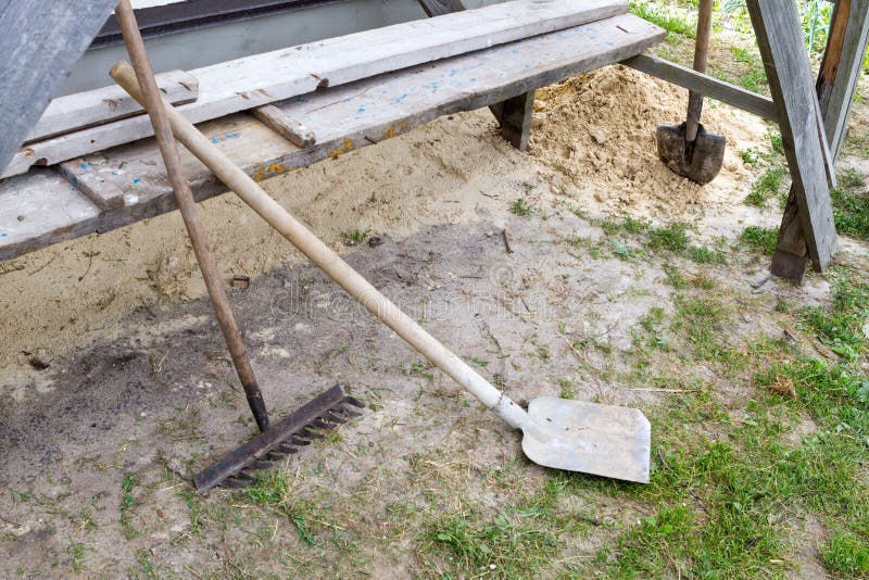Shovels and rakes. stock image. Image of tool, process - 96253043