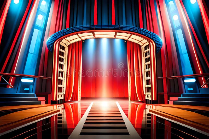 Show Stage with Red Curtains are Opening with Spotlight Performance ...