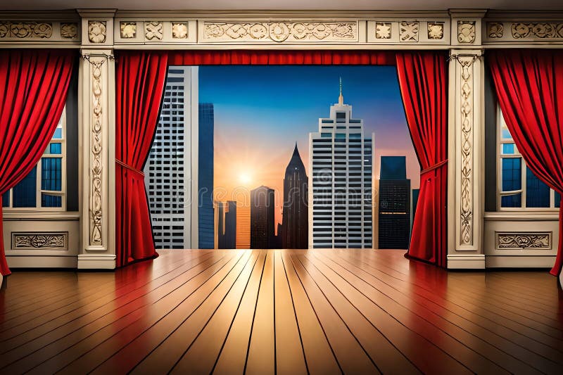 Show Stage with Red Curtains are Opening with Spotlight Performance ...