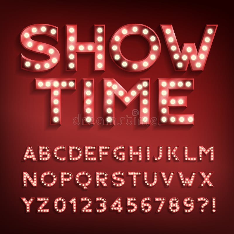 Show Time Alphabet Font. Letters and Numbers with Light Bulbs and ...