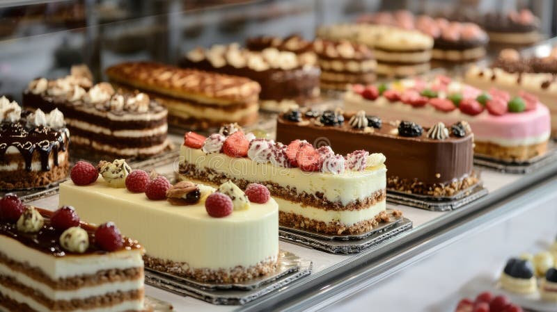 Showcase of Assorted Decorative Cakes in a Bakery Display Case Stock ...