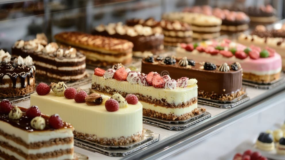 Showcase of Assorted Decorative Cakes in a Bakery Display Case Stock ...