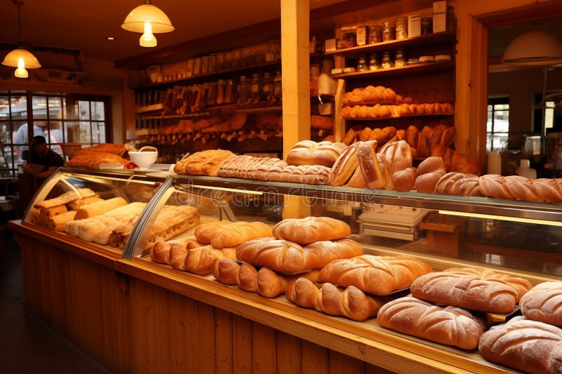 Showcase with Bread and Buns in Bakery. Generative AI Stock Photo ...