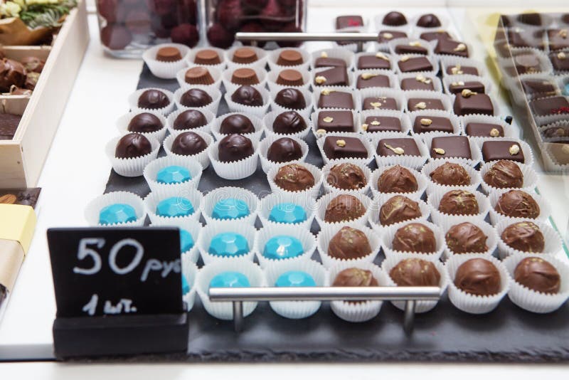 Showcase with chocolate stock image. Image of christmas - 84524685