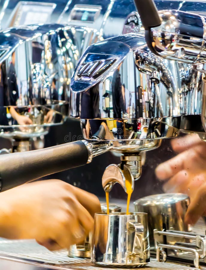 Espresso Machine Pouring Fresh Coffee into Cups at Local Coffee Shop ...