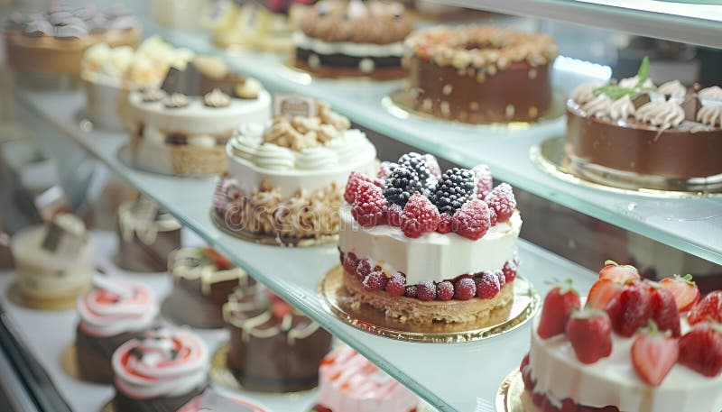 Showcase with Different Tasty Desserts in Bakery Shop Stock ...