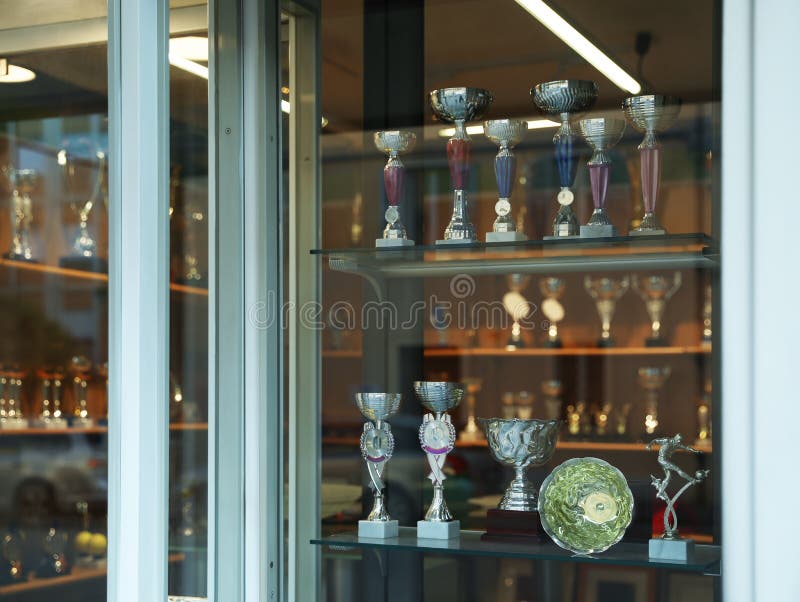 Showcase with Different Trophy Cups in Shop, View from Outside Stock ...