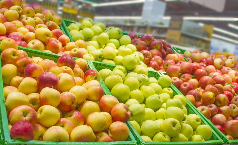 Showcase Filled with Multi-colored Apples of Different Varieties Stock ...