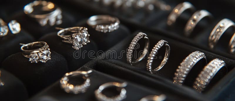 A Showcase Filled with Various Ring Designs and Styles Stock Photo ...