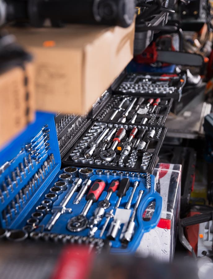 Showcase of Instruments in Store Stock Photo - Image of technology ...