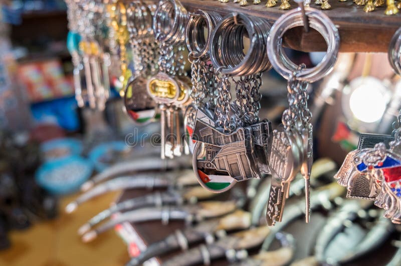 Showcase with Jordanian Keychains and Trinkets at Gift Store Stock ...