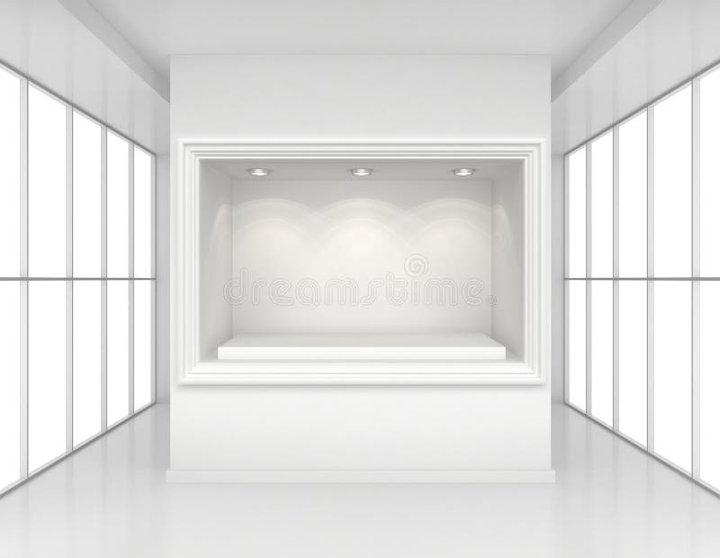 Showcase with Lights and Podiums for Samples Product in Blank Interior ...