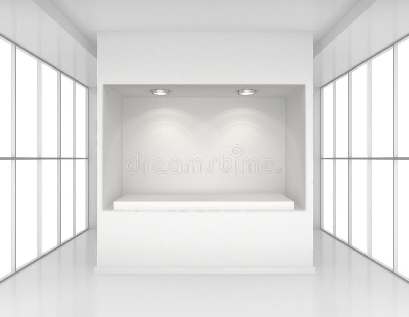 Showcase with Lights and Podiums for Samples Product in Blank Interior ...