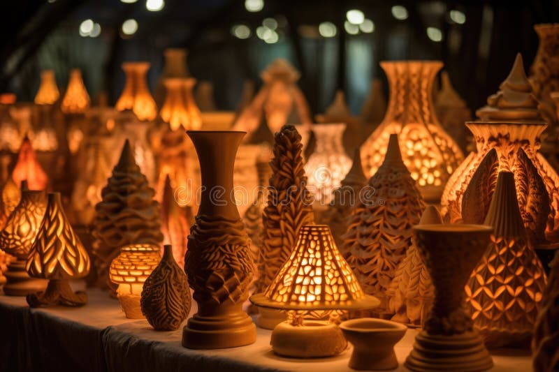 A Showcase of Lit Clay Lamps at a Night Market Stock Image - Image of ...