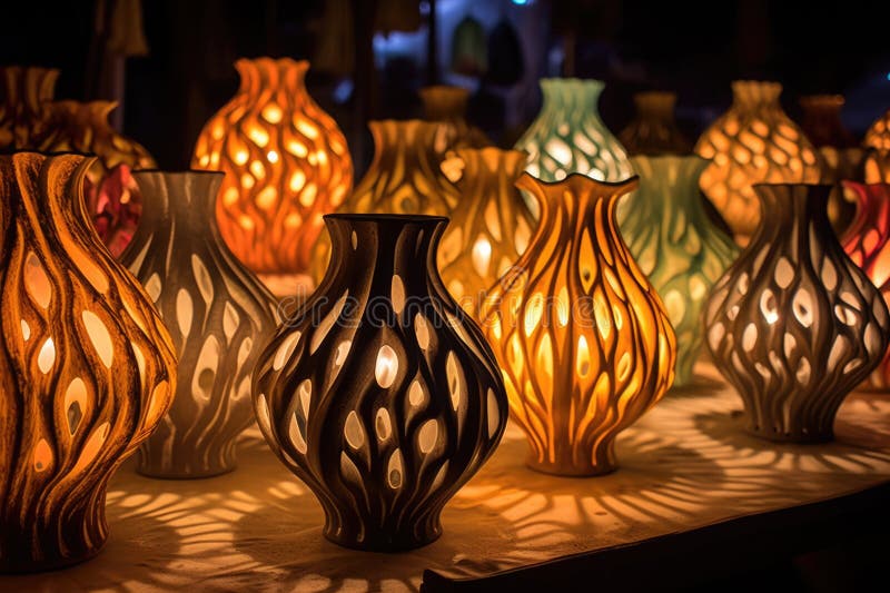 A Showcase of Lit Clay Lamps at a Night Market Stock Photo - Image of ...