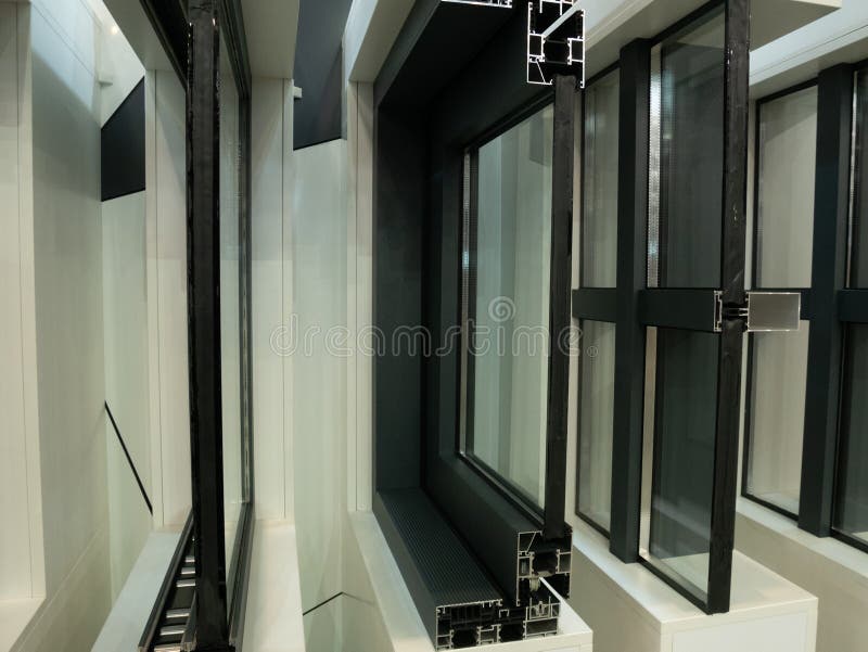Showcase of Modern Aluminum Plastic Windows Frames in a Row. Cutted for ...