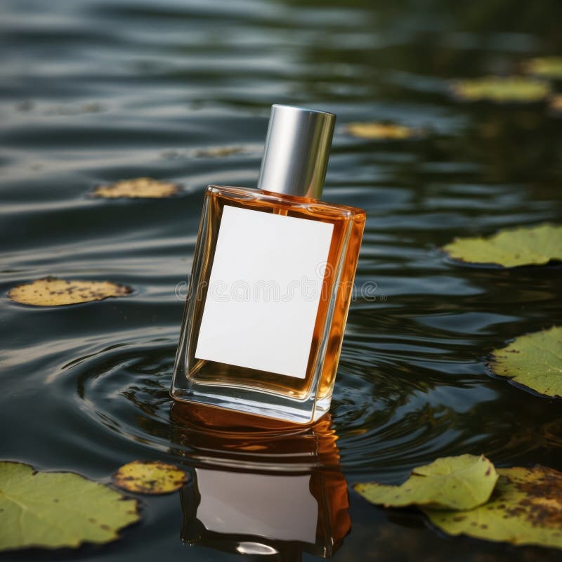 Perfume Bottle Elegance. Floating on Tranquil Water Surface Near Lily ...