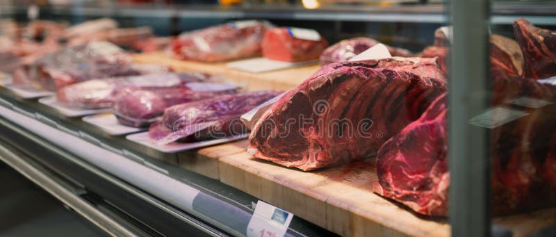 Showcase with Raw Meat in Butcher Shop. Stock Photo - Image of mince ...