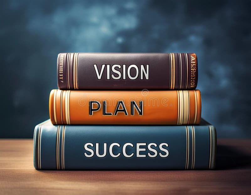 Showcase a Stack of Books with Labels Like "Vision," "Plan," and ...