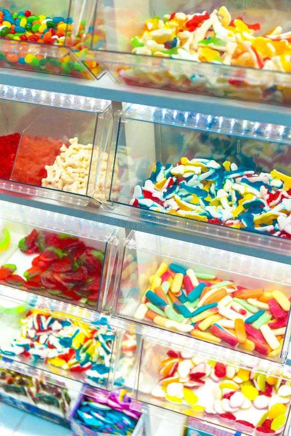 Showcase of Sweet Multi-colored Sweets and Caramels Stock Photo - Image ...