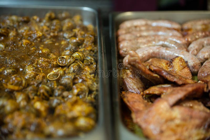 Showcase of a Takeaway Food with Two Trays of Different Types of Meat ...