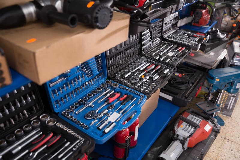 Showcase with Tools in the Storehouse Stock Photo - Image of product ...