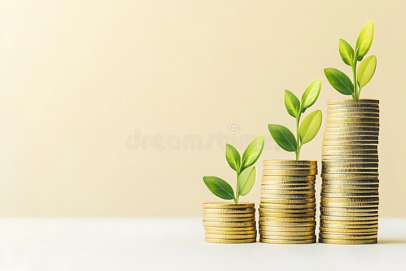 Ascending Gold Coin Stacks Topped with Green Sprouts on Light Yellow ...