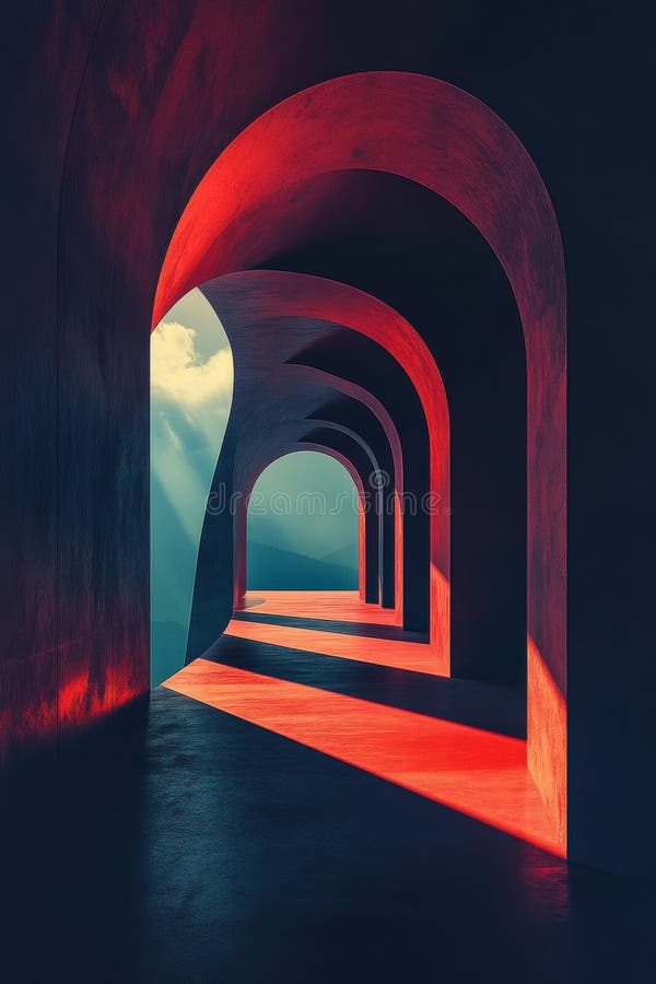 Red Concrete Arches Corridor with Light Beams Architecture Abstract ...