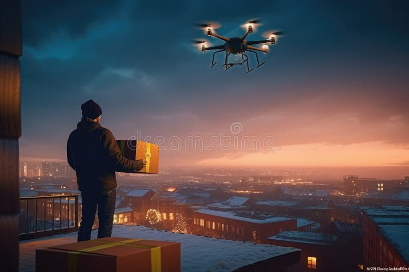 Atmospheric Process of Unmanned Drone Delivery. Generative AI Stock ...