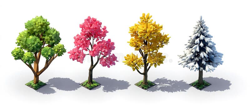 Low Poly Trees Green, Pink, Yellow, Snowcovered Seasons on White ...