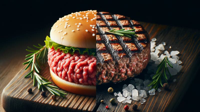 Showcasing Both Raw and Grilled Burger Meat. the Raw Burger Meat is ...