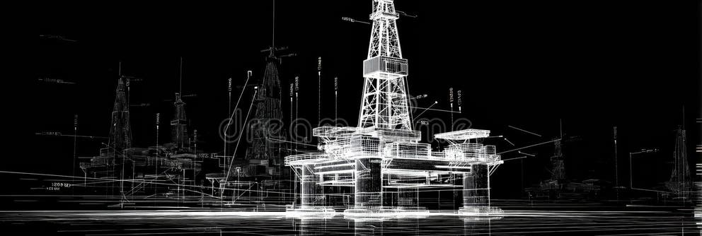 3D Wireframe Model Showcasing an Oil Rig Design Against a Black ...