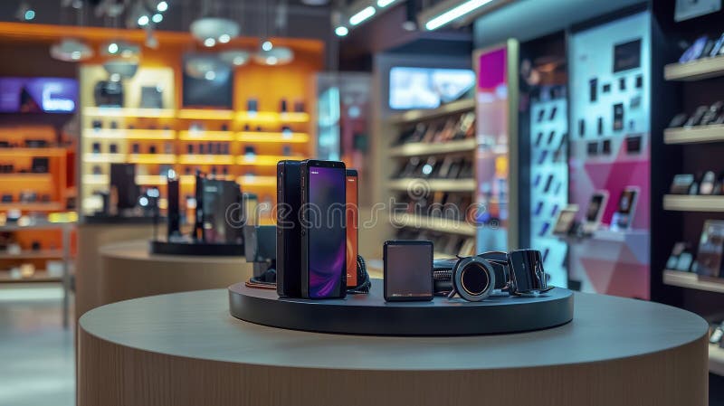 Showcasing Innovative Tech Gadgets on Round Display Table at Modern ...