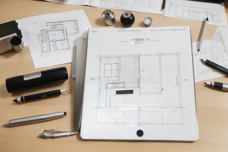 Computer Tablet Showing Kitchen Illustration Sitting on House Plans ...