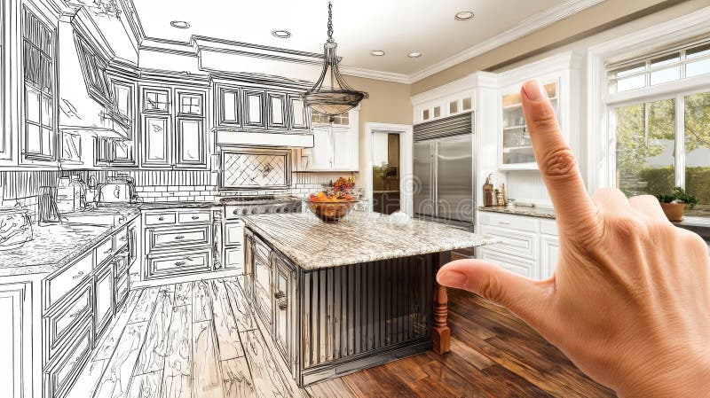 Showcasing Modern Kitchen Design with Hand-drawn Sketch and Color ...