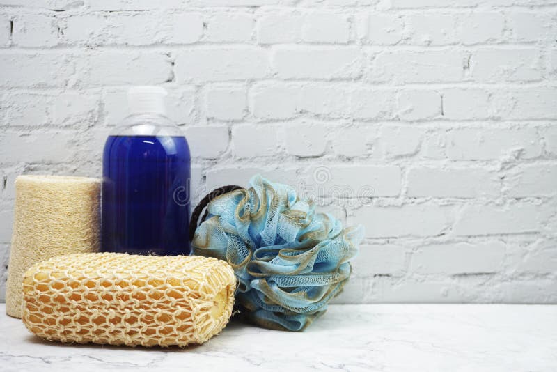 Shower Accessories Bath Items on Marble and White Brick Wall Background ...