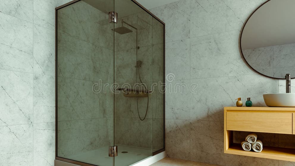 Shower Booth in Bathroom with Modern Interior, 3d Rendering Stock ...