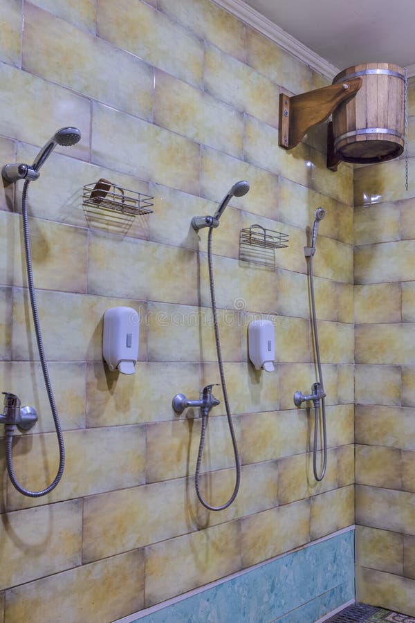 Shower Cabins in Banya or Bath Interior with Bucket of Cold Water for ...