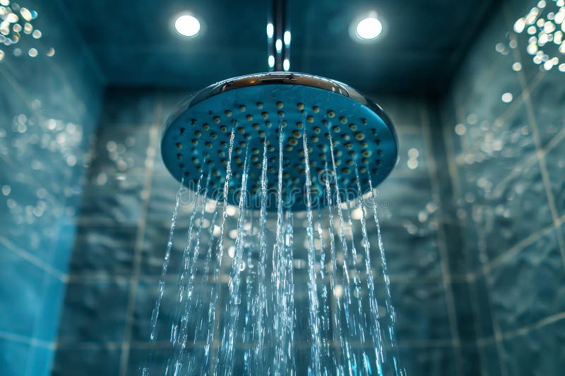 Shower with Flowing Water and Steam with Window on Background ...