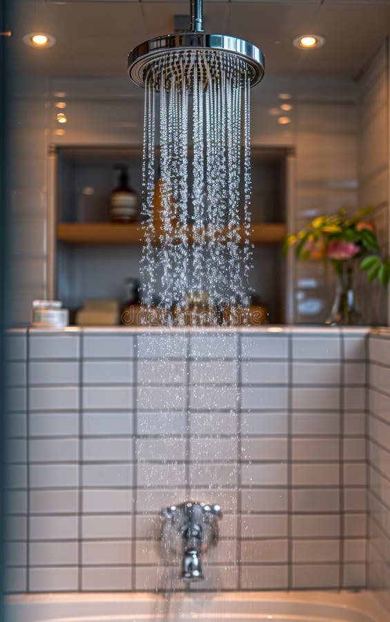 A Shower Head is Spraying Water in a Bathroom. the Bathroom is Clean ...