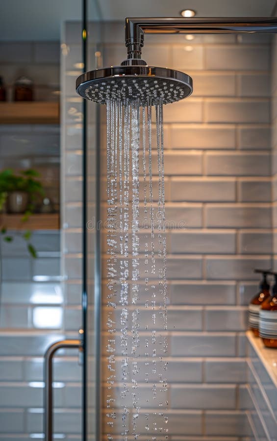 A Shower Head is Spraying Water in a Bathroom. the Bathroom is Tiled ...